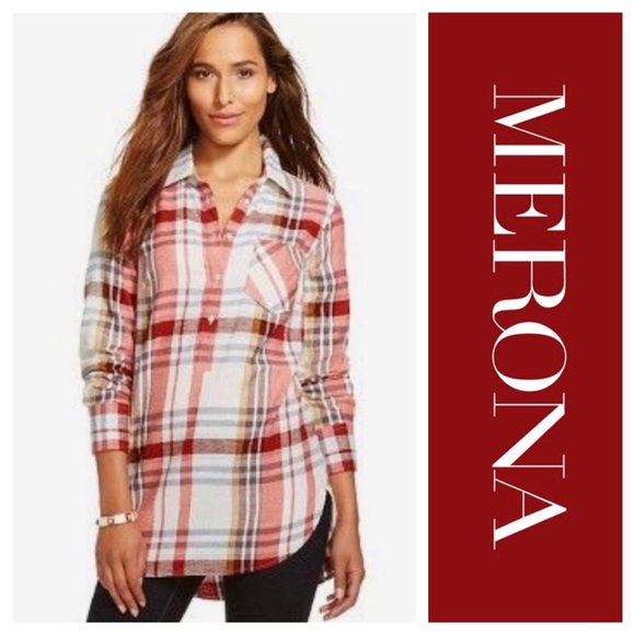 Merona | Tops | Merona White Pink Plaid Flannel Popover | Poshmark